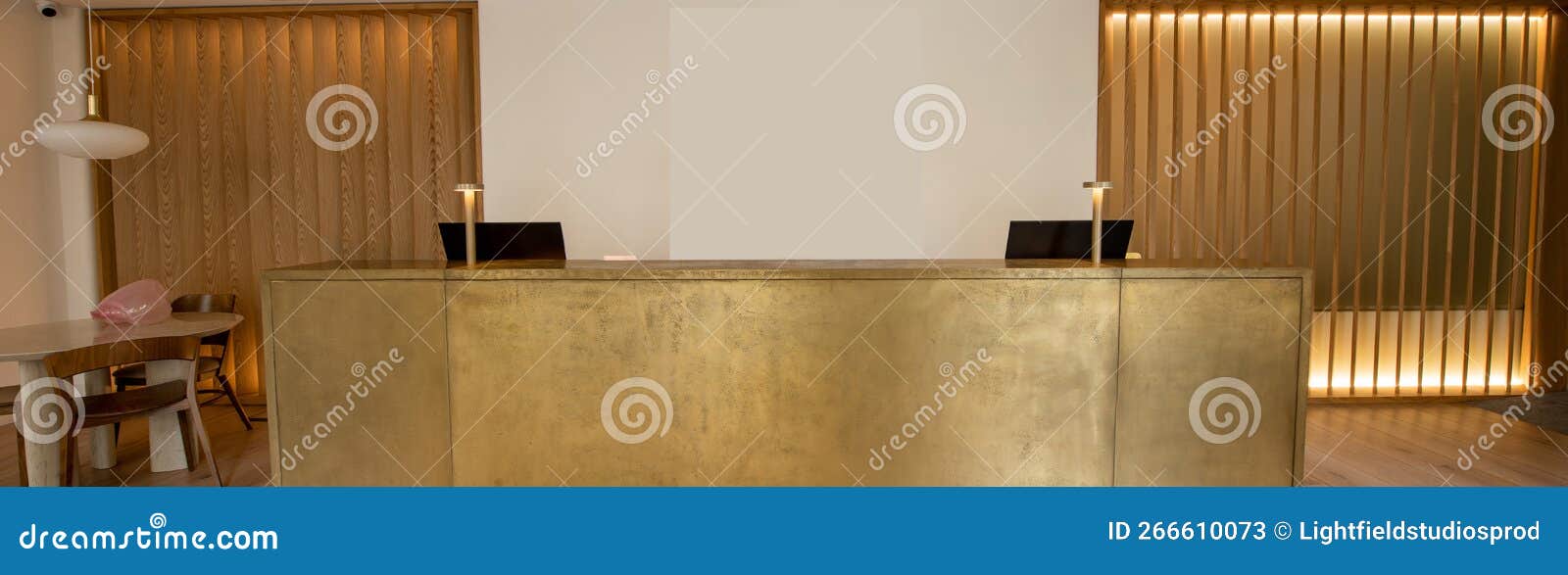 Computer Monitors at Luxury Reception Desk Stock Image - Image of ...