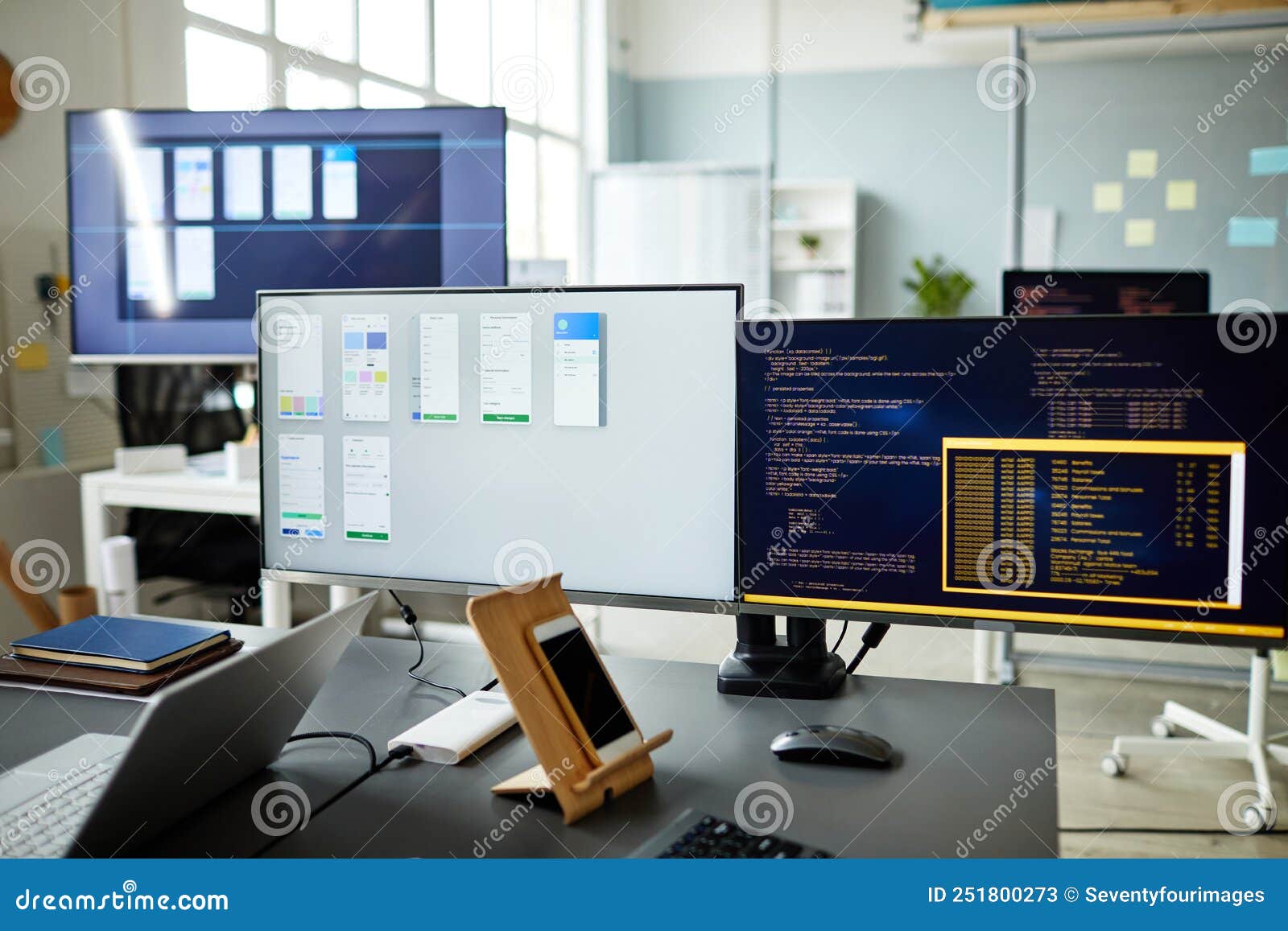 Computer Monitors with Programs and Codes Stock Image - Image of office ...