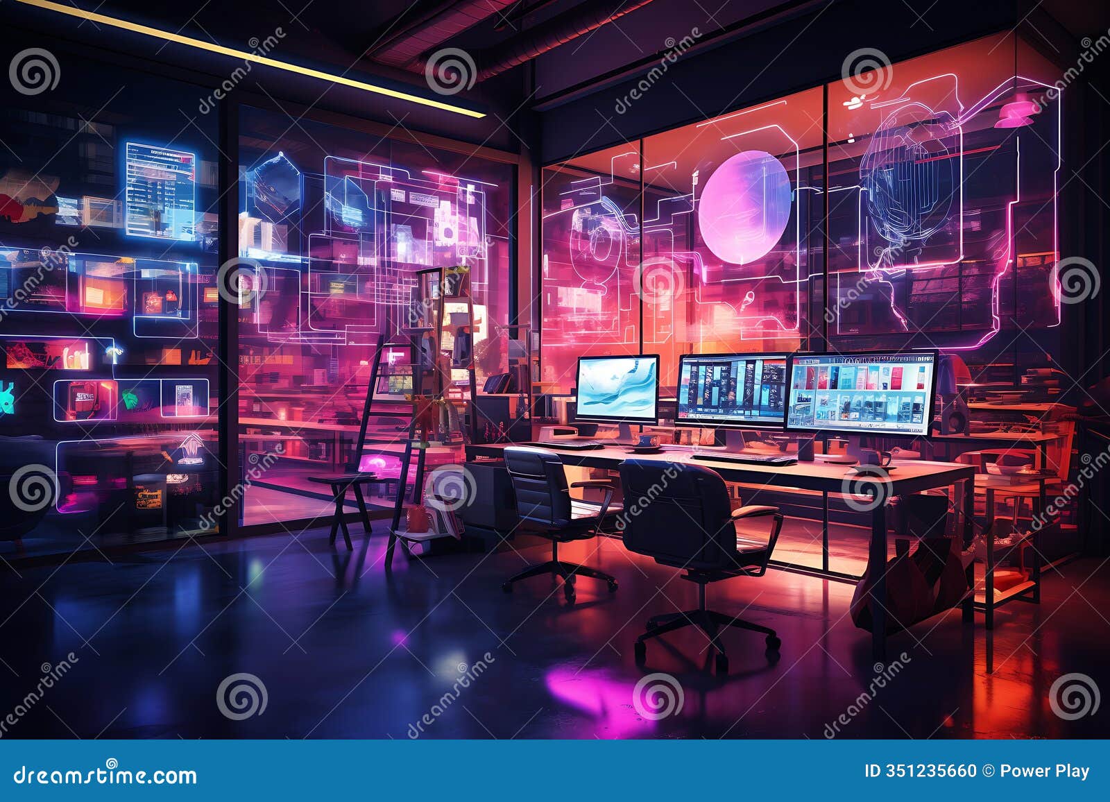 Computer Monitors and Server Room with Glowing Lights. 3D Rendering ...