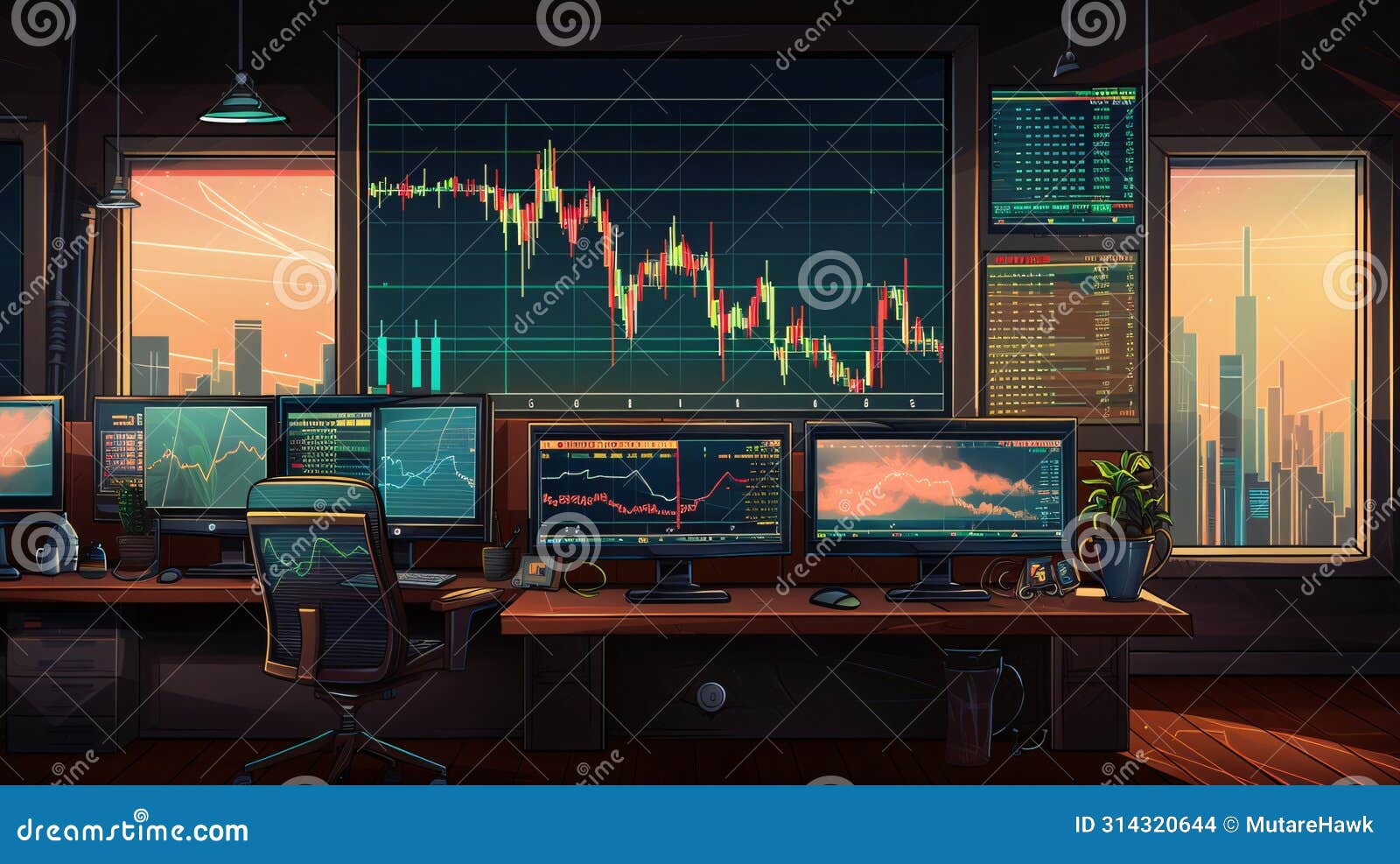 Computer Monitors with Stock Market Charts and Graphs on the Screen. 3d ...