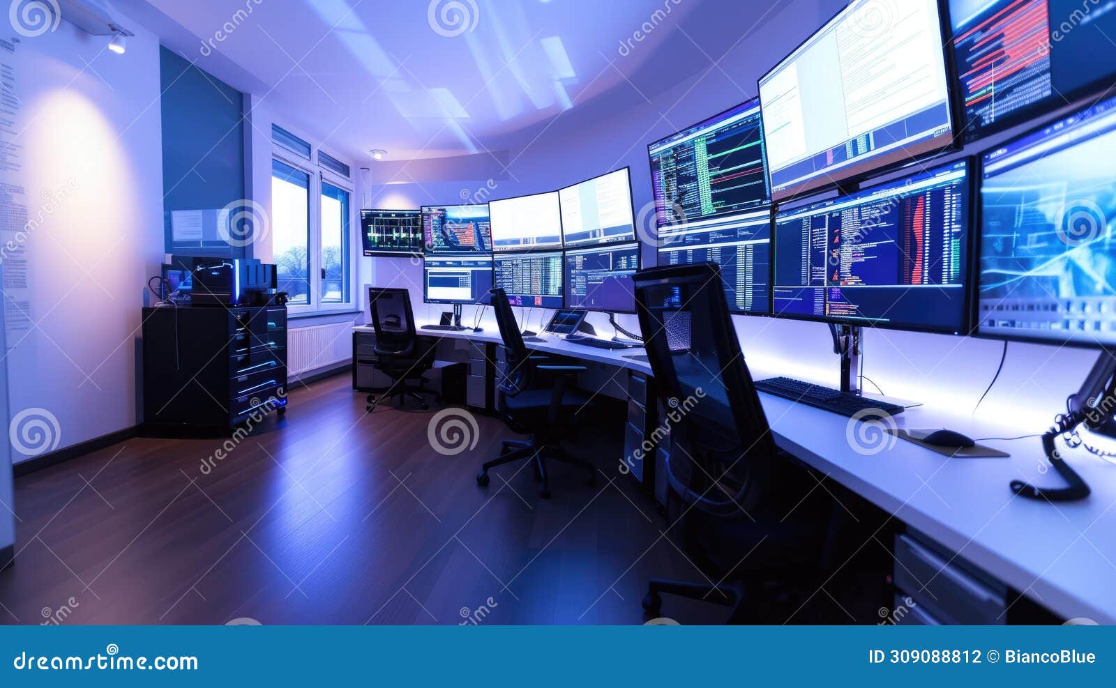 Computer Monitors, Symmetrical Glass Office Setup, Building Engineering ...