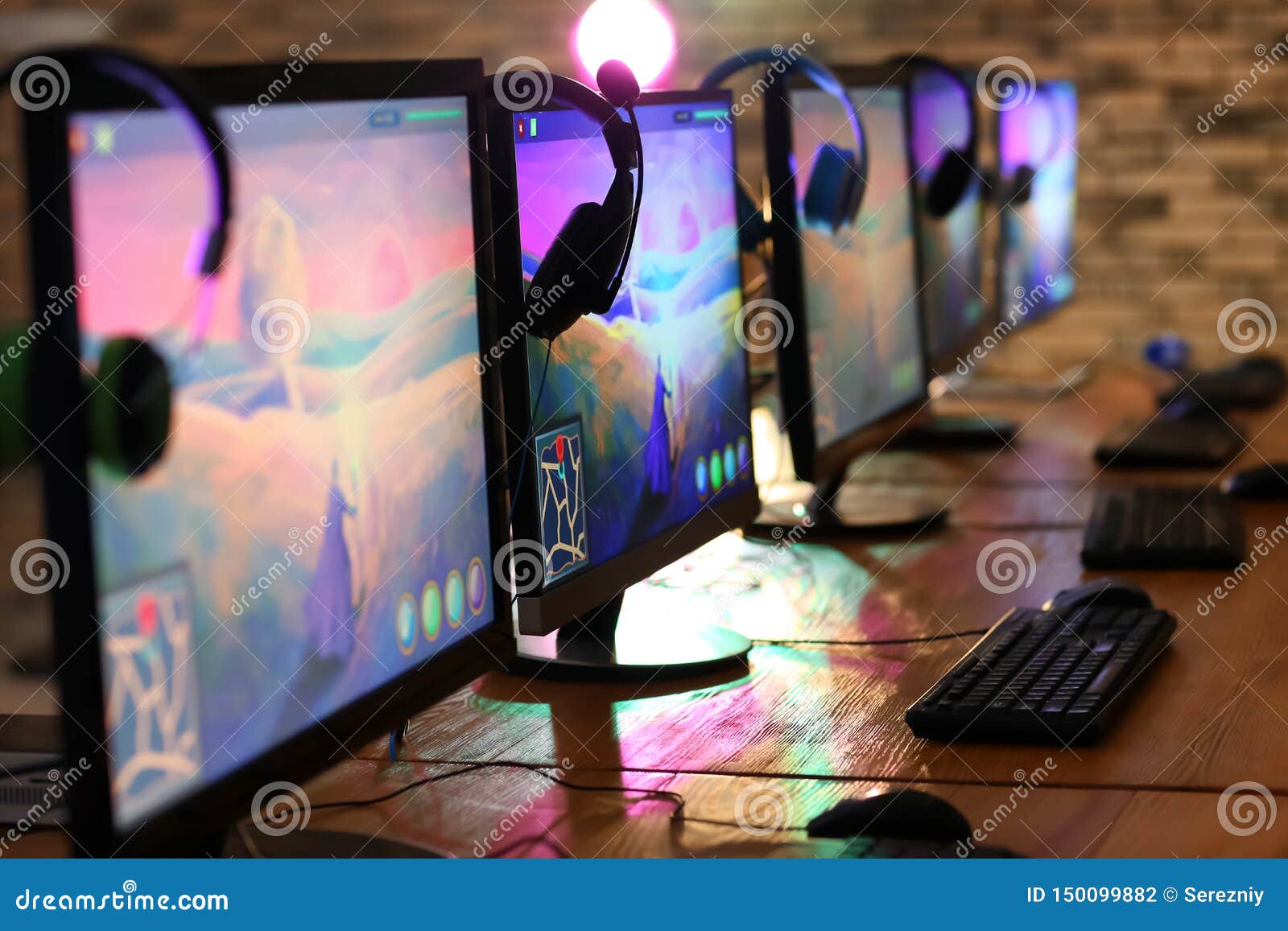 Computer Monitors for Video Games Tournament on Table Stock Photo ...