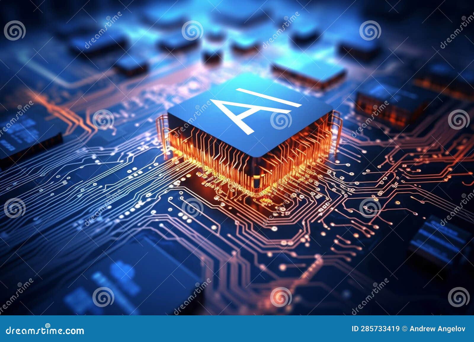 Computer Mother Board Chip with AI Text and Glowing Circuit Background ...