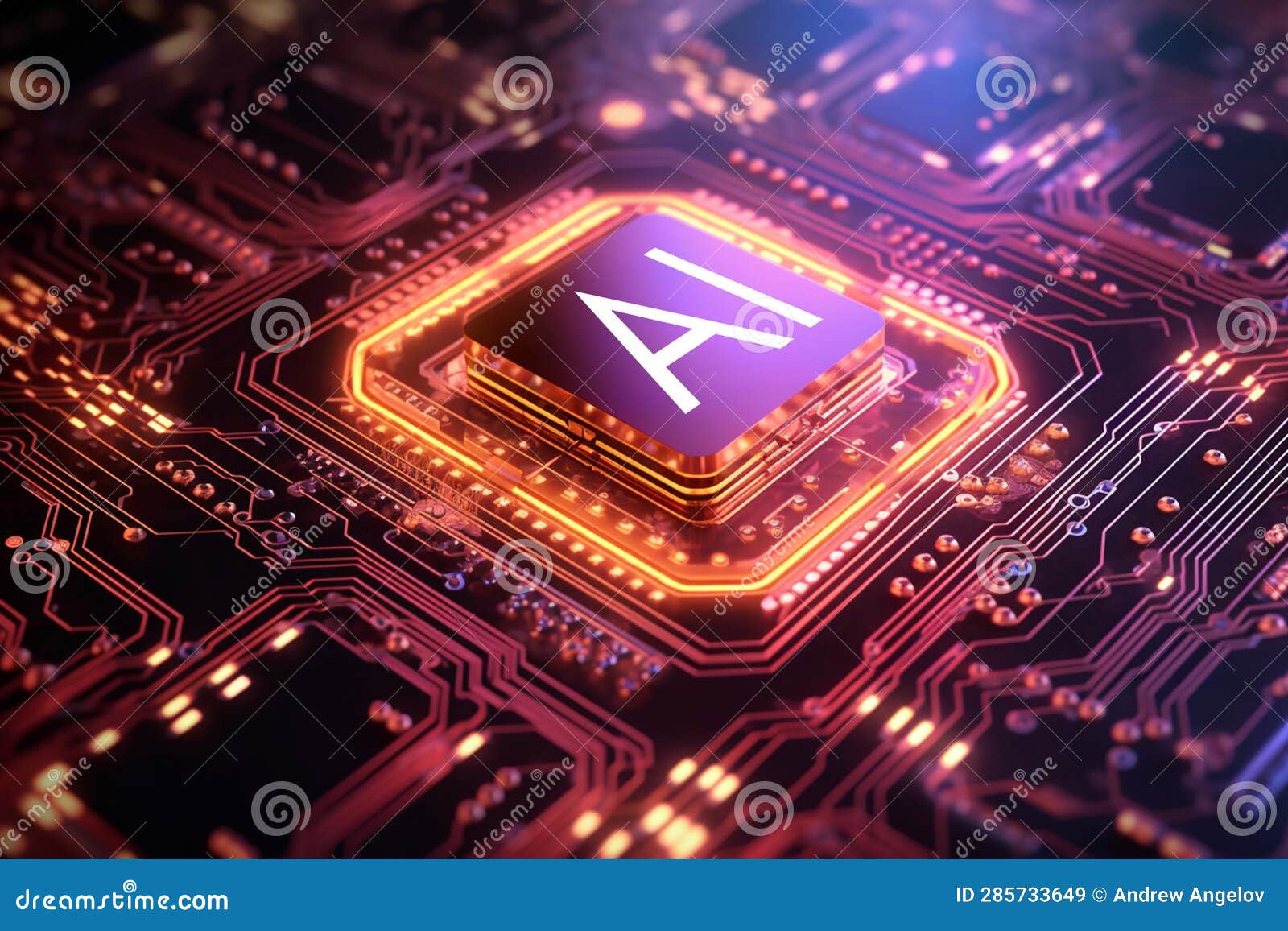 Computer Mother Board Chip with AI Text and Glowing Circuit Background ...