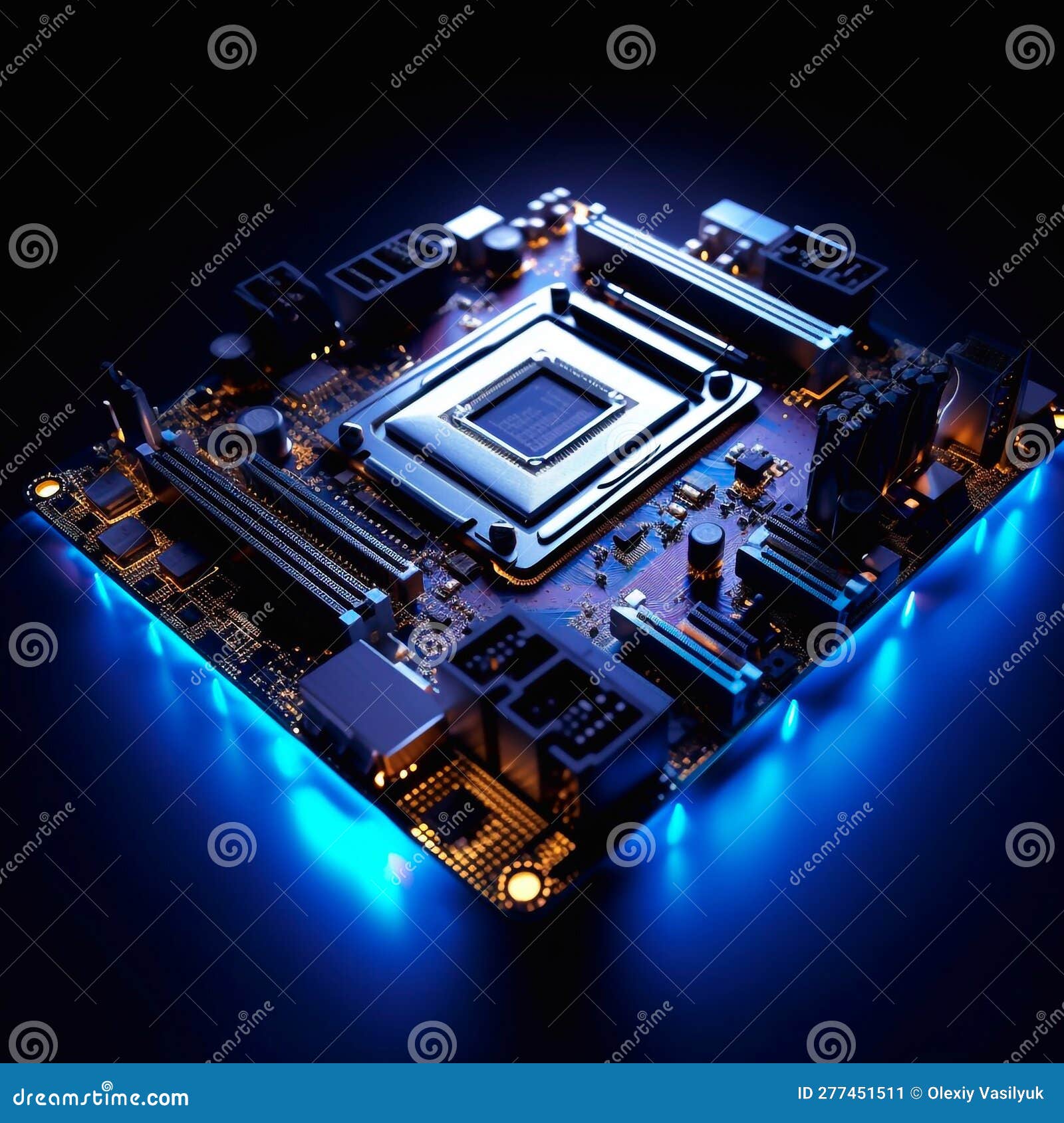 Computer Motherboard with Blue Light Shining on it Generative AI Stock ...