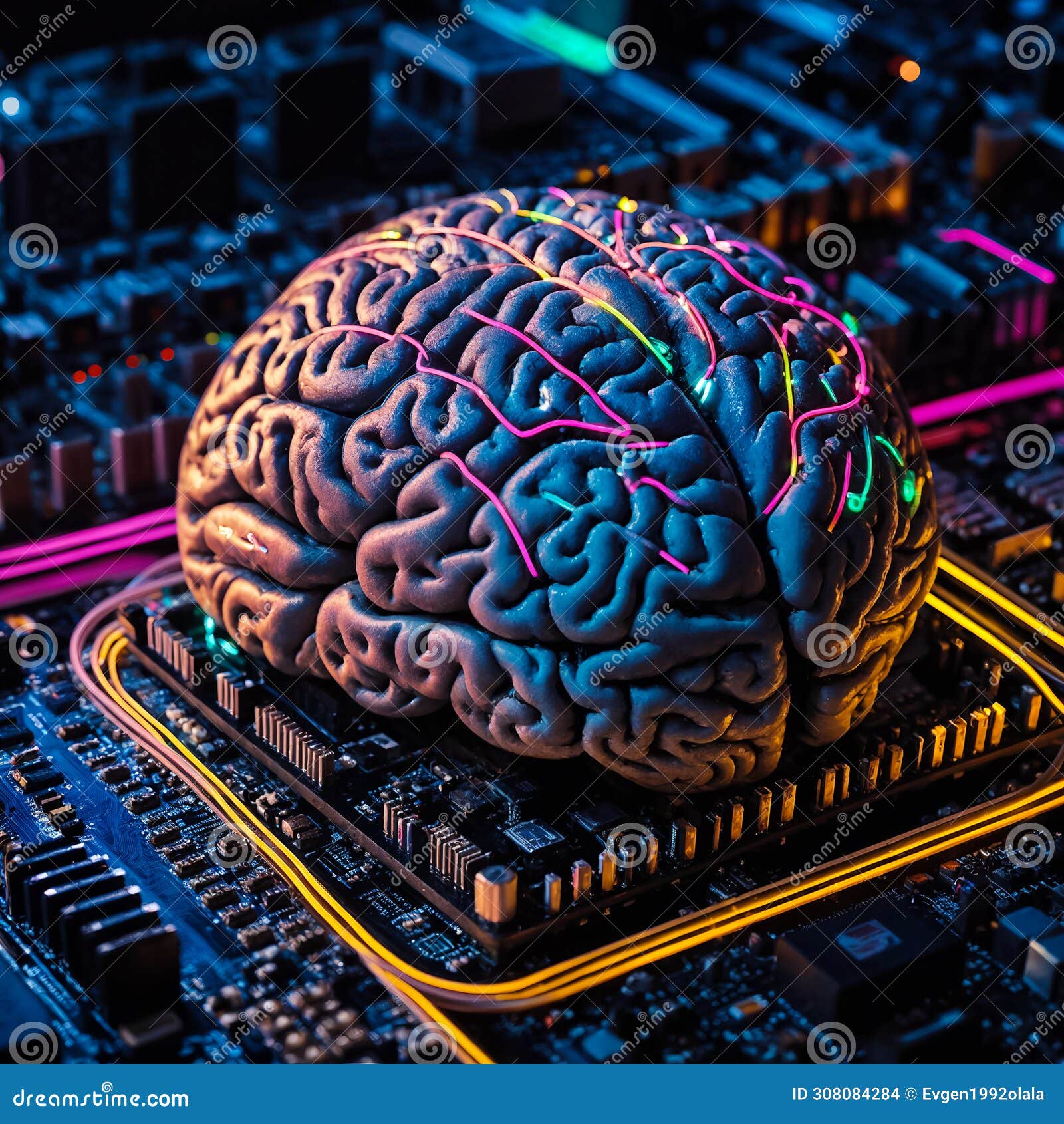 Computer Motherboard with a Brain Model on Top in a Dark Room with Neon ...