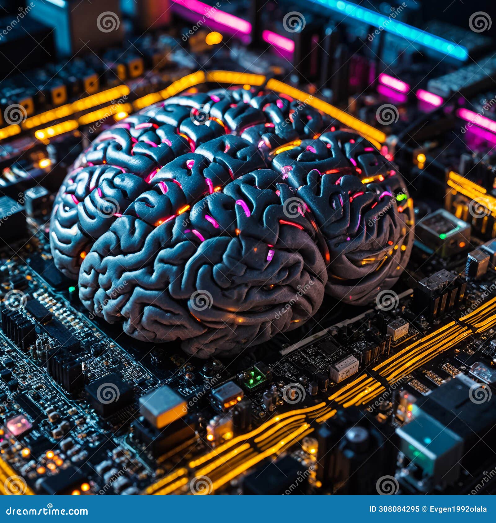 Computer Motherboard with a Brain Model on Top in a Dark Room with Neon ...
