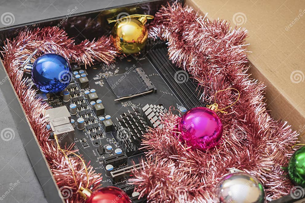 Computer Motherboard in a Bright Gift Box for Christmas Stock Image ...