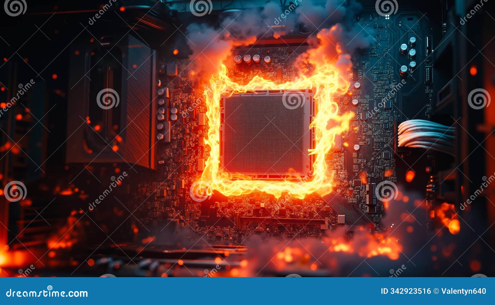 A Computer Motherboard with a Burning Cpu on Top of it Stock Photo ...