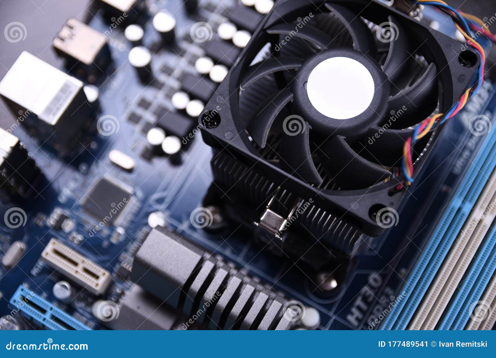Computer Fan on Motherboard and Electronical Components Cpu Gpu Memory ...