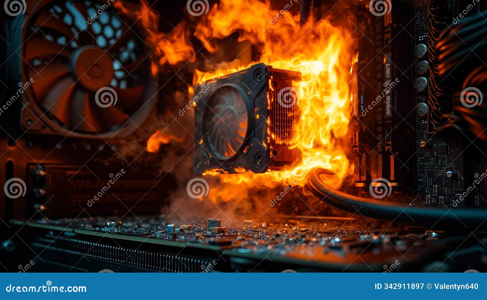 A Computer Motherboard with a Fan on Fire in the Middle of it Stock ...