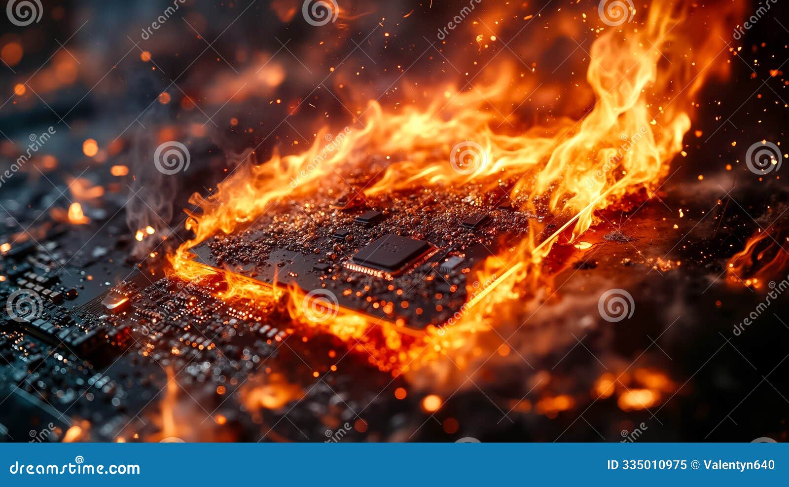 A Computer Motherboard on Fire with a Black Background Stock Image ...
