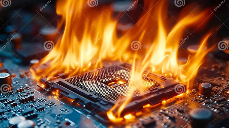 A Computer Motherboard on Fire with a Circuit Board in the Background ...