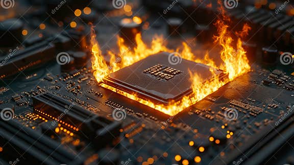 A Computer Motherboard on Fire with a Cpu on Top of it Stock Image ...