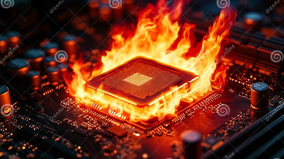 A Computer Motherboard on Fire with a Cpu on Top of it Stock Image ...