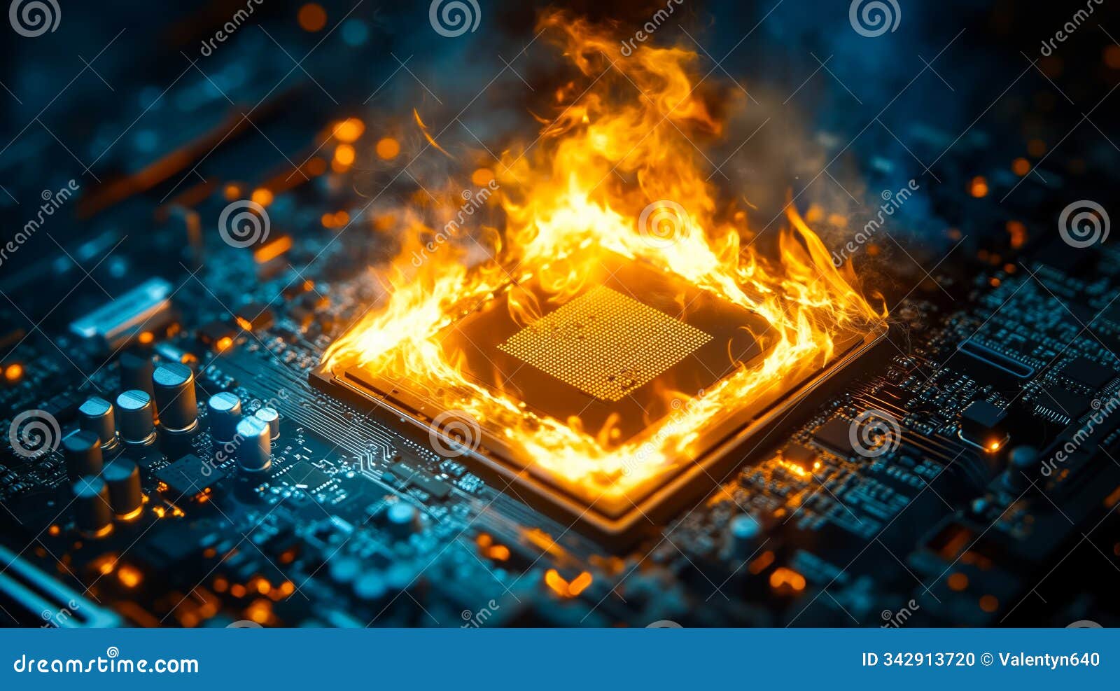 A Computer Motherboard on Fire with a Cpu on Top of it Stock Photo ...