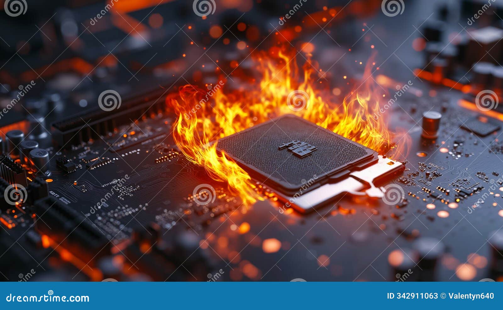 A Computer Motherboard on Fire with a Cpu on Top of it Stock Image ...