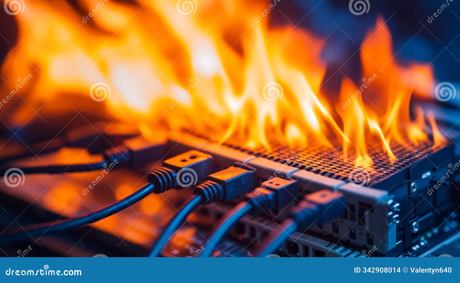 A Computer Motherboard on Fire with Ethernet Cables Connected To it ...