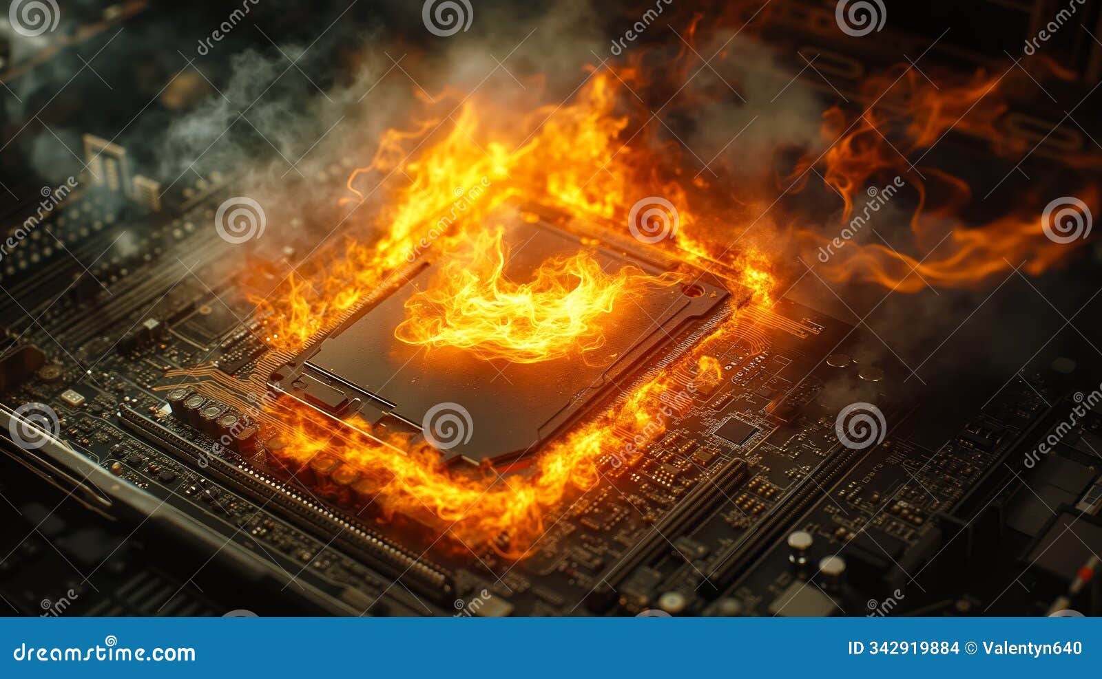 A Computer Motherboard on Fire with Smoke Coming Out of it Stock Photo ...