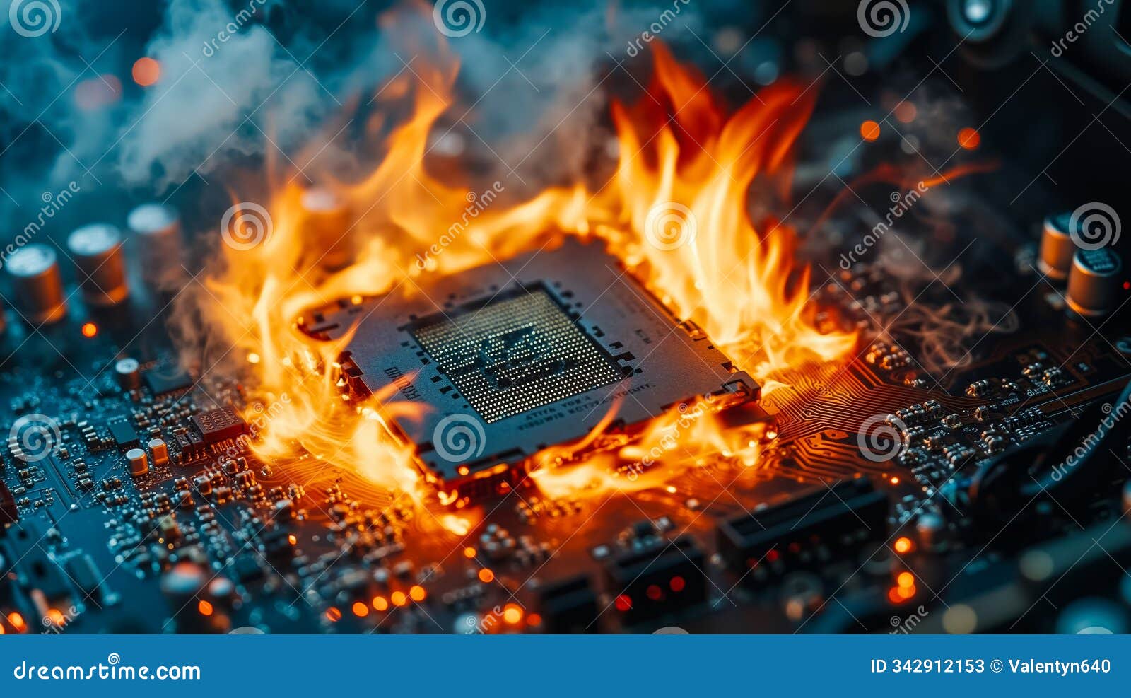 A Computer Motherboard on Fire with Smoke Coming Out of it Stock Image ...