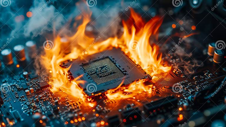 A Computer Motherboard on Fire with Smoke Coming Out of it Stock Image ...