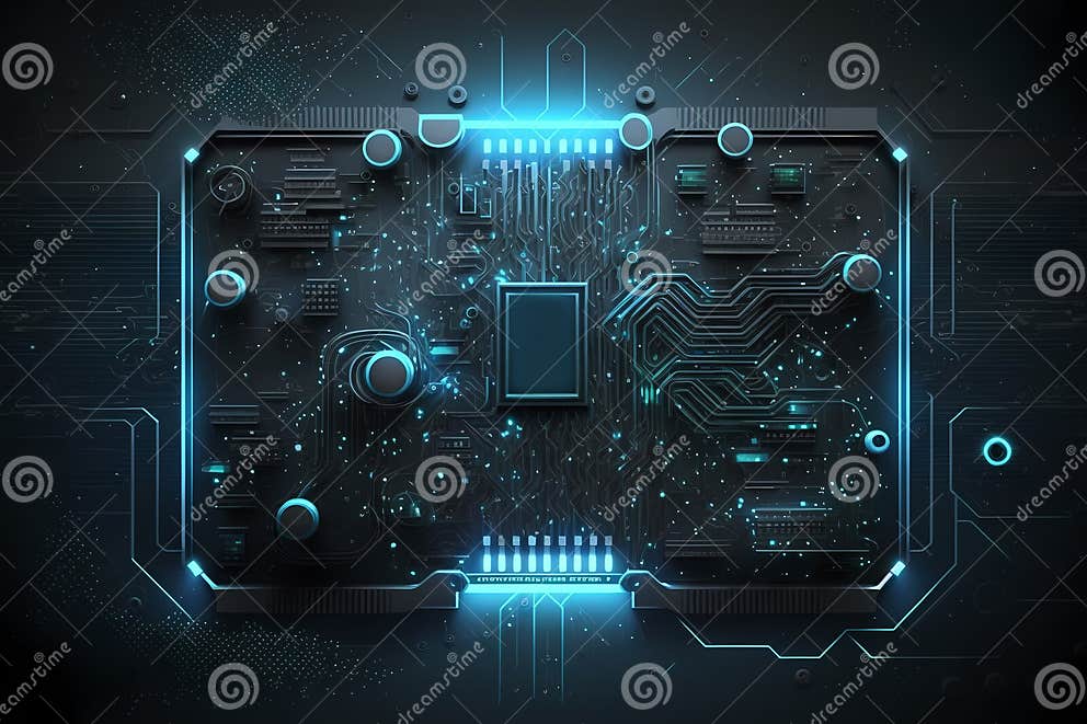 Computer Motherboard with Glowing Blue Light Electronic Circuit. Stock ...