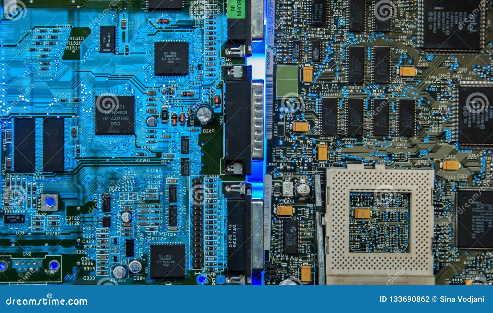 Computer Motherboard Chips Closeup Glowing Stock Photo - Image of ...