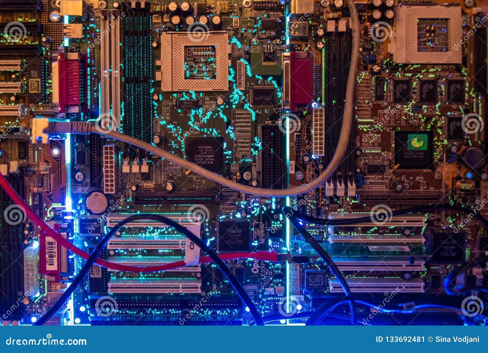 Computer Motherboard Chips Closeup Glowing Stock Image - Image of chip ...