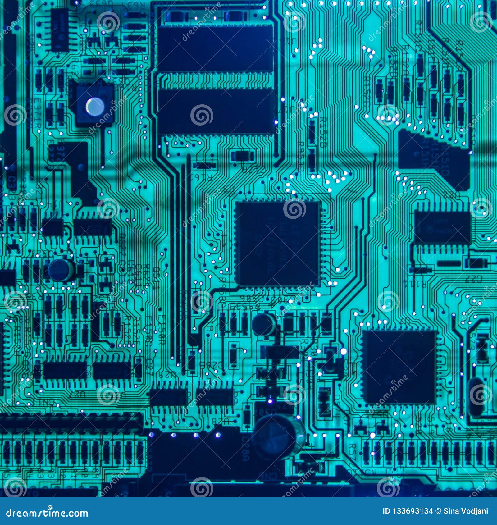 Computer Motherboard Chips Closeup Glowing Stock Photo - Image of ...