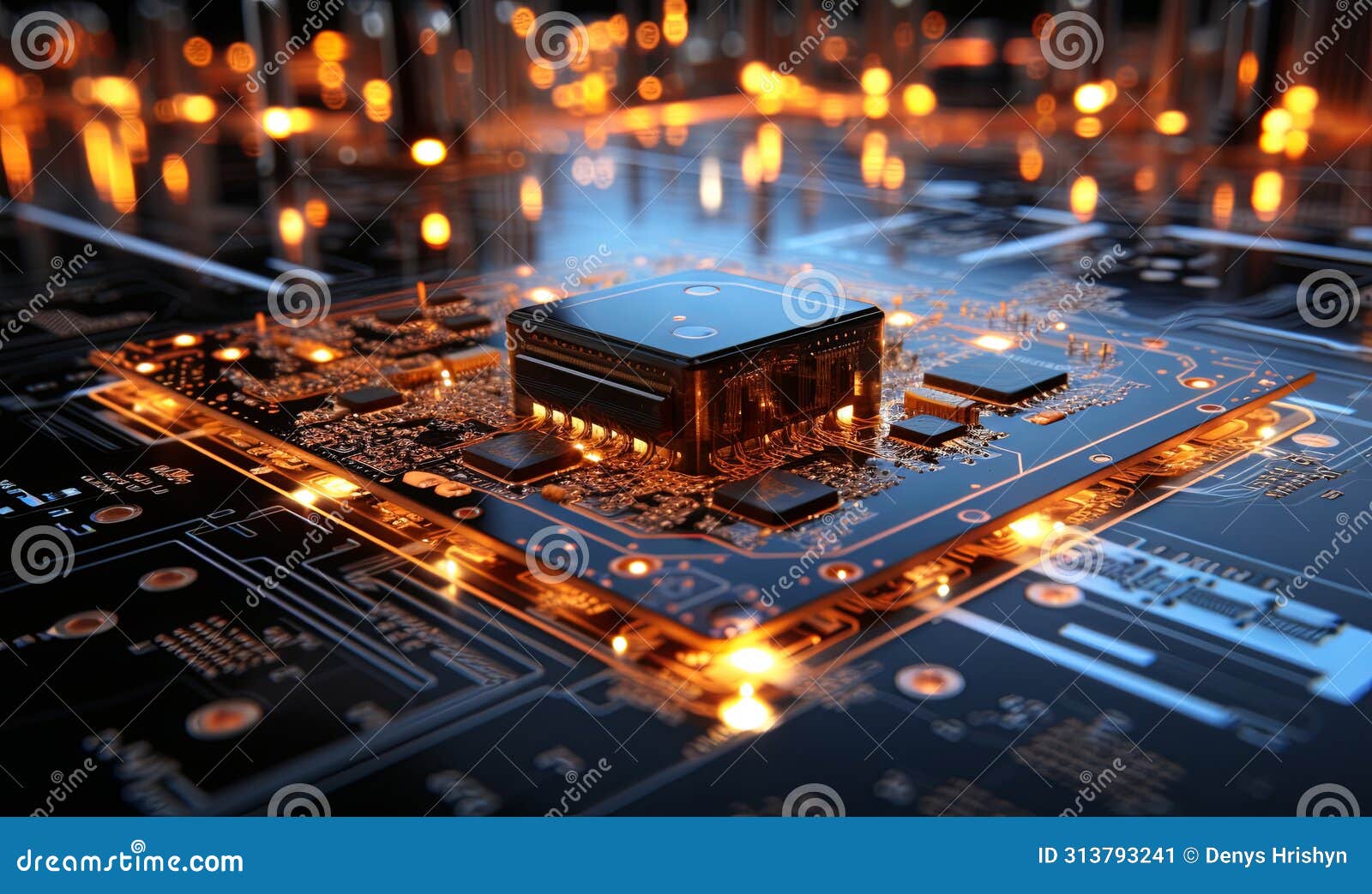 Computer Motherboard with Lit-Up Building Stock Image - Image of ...