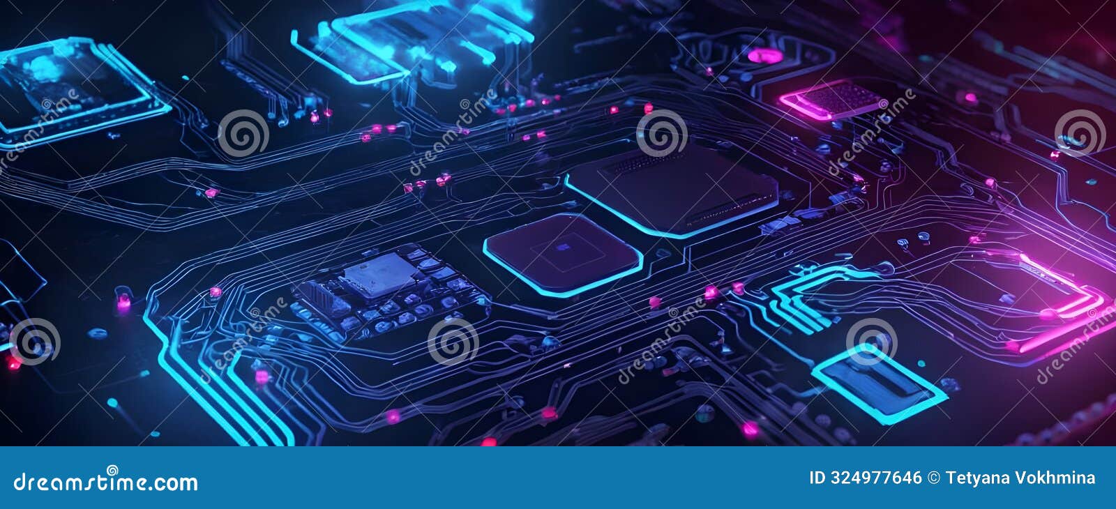 Computer Motherboard with Pink and Blue Neon Lights, Electronic Circuit ...