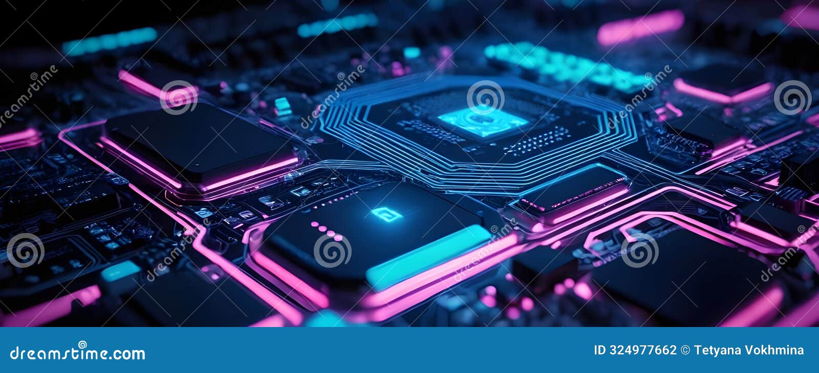 Computer Motherboard with Pink and Blue Neon Lights, Electronic Circuit ...