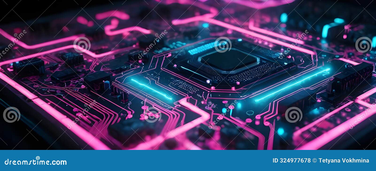 Computer Motherboard with Pink and Blue Neon Lights, Electronic Circuit ...