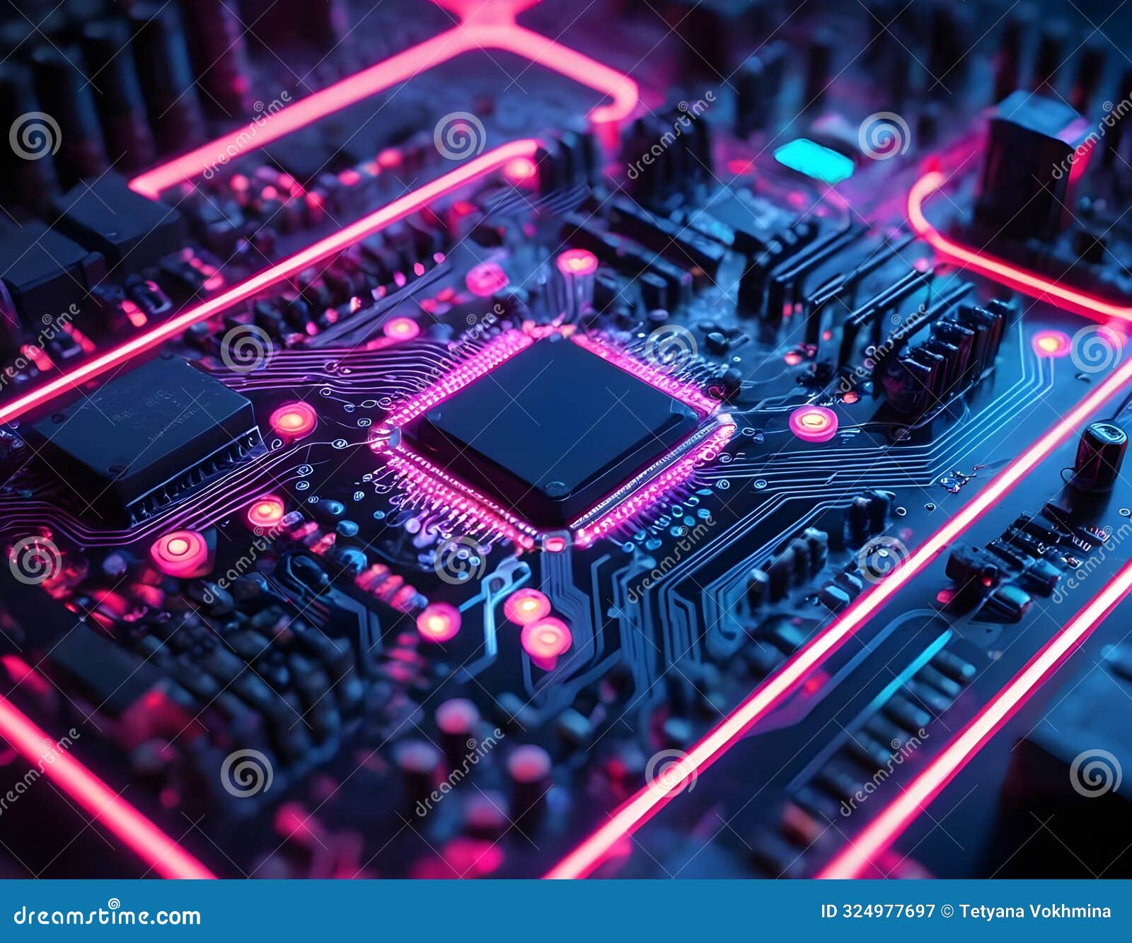 Computer Motherboard with Pink and Blue Neon Lights, Electronic Circuit ...