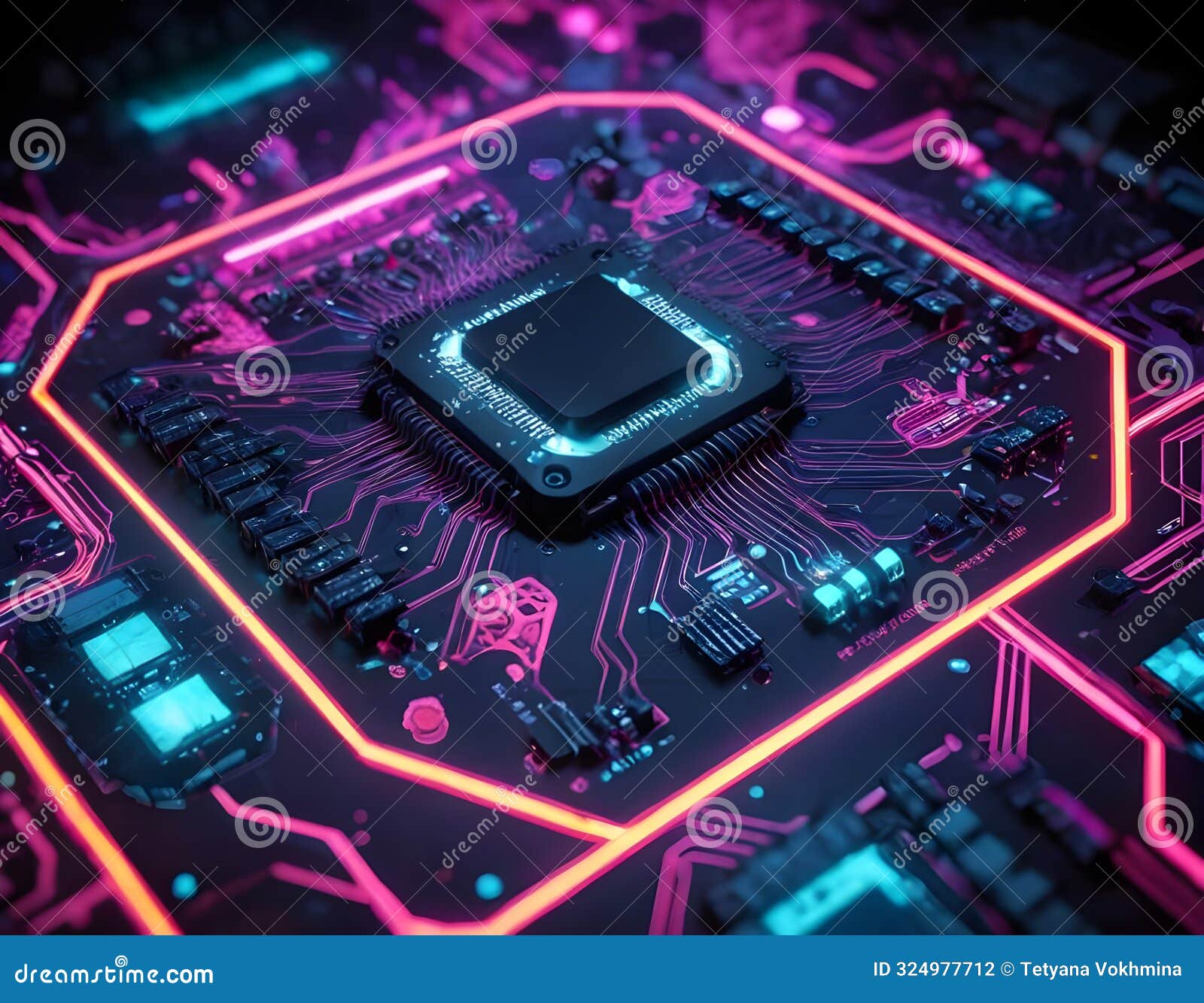 Computer Motherboard with Pink and Blue Neon Lights, Electronic Circuit ...