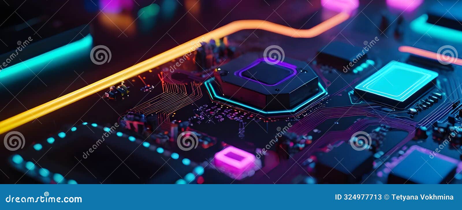 Computer Motherboard with Pink and Blue Neon Lights, Electronic Circuit ...