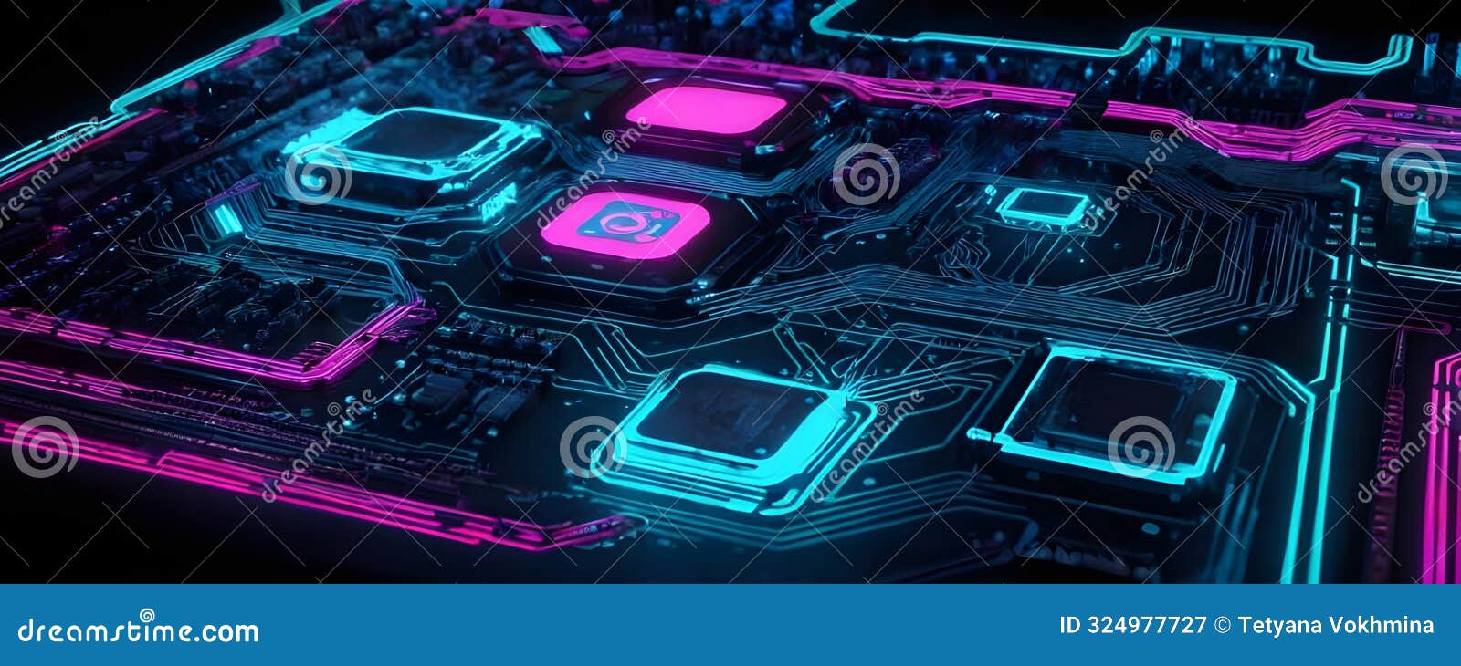 Computer Motherboard with Pink and Blue Neon Lights, Electronic Circuit ...