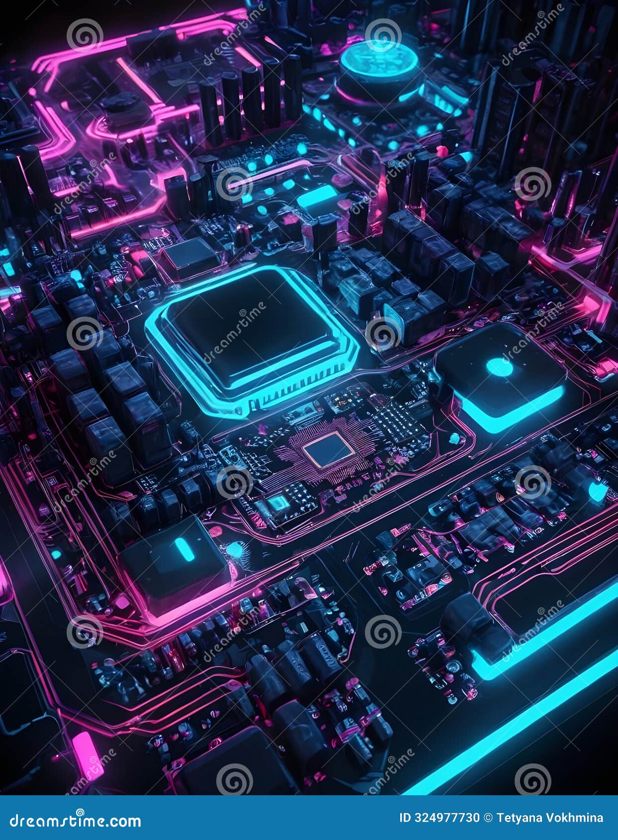 Computer Motherboard with Pink and Blue Neon Lights, Electronic Circuit ...
