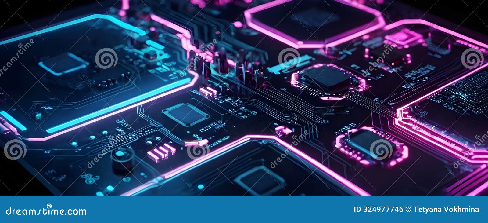 Computer Motherboard with Pink and Blue Neon Lights, Electronic Circuit ...