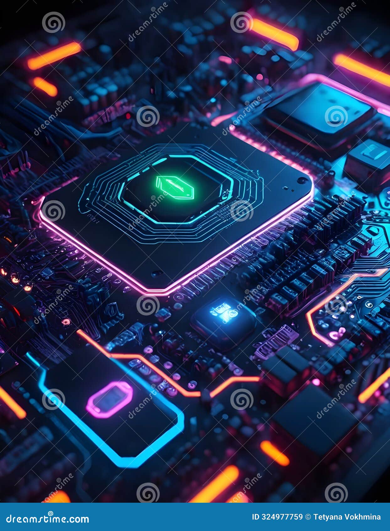 Computer Motherboard with Pink and Blue Neon Lights, Electronic Circuit ...