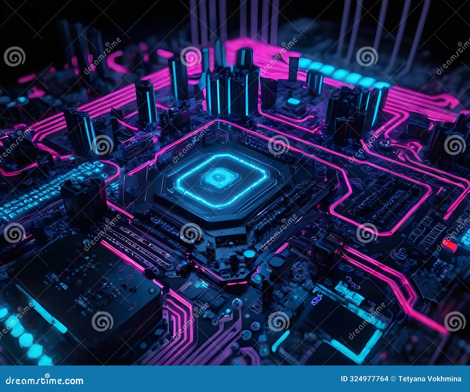 Computer Motherboard with Pink and Blue Neon Lights, Electronic Circuit ...