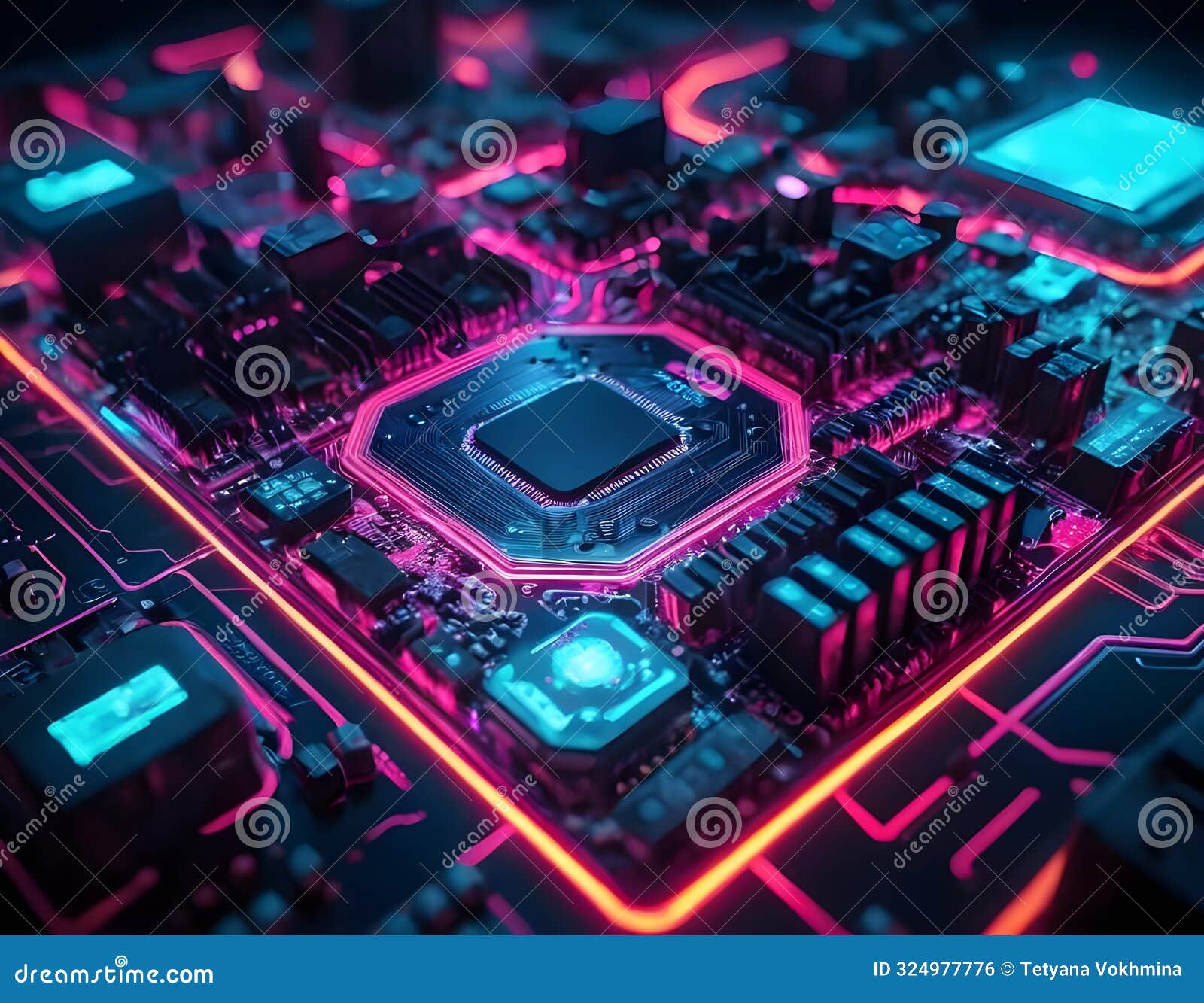 Computer Motherboard with Pink and Blue Neon Lights, Electronic Circuit ...