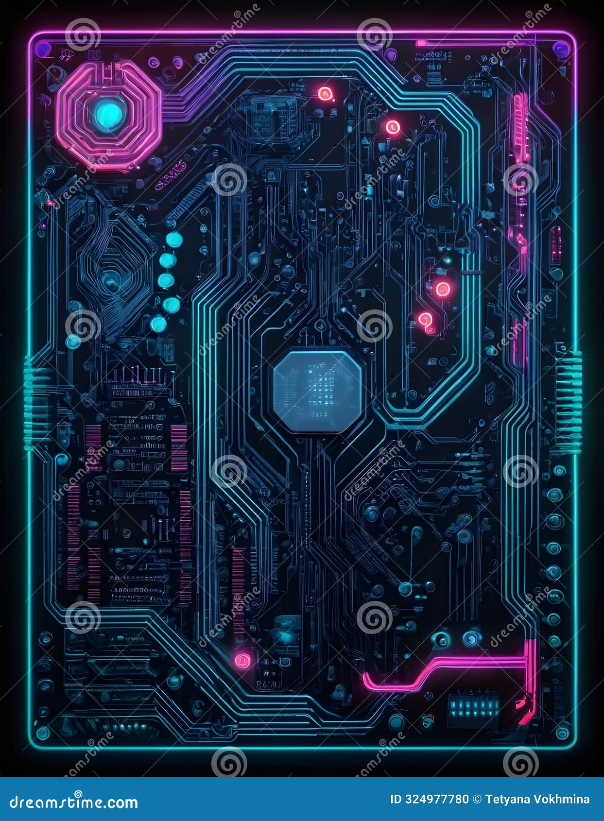 Computer Motherboard with Pink and Blue Neon Lights, Electronic Circuit ...
