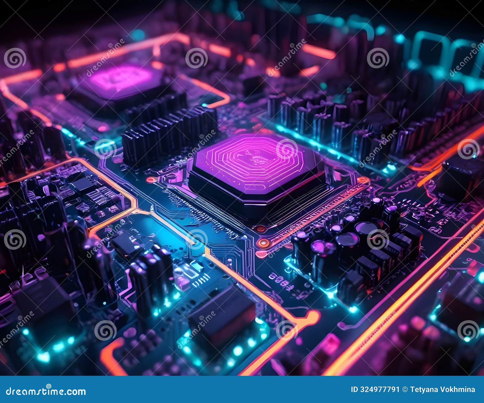 Computer Motherboard with Pink and Blue Neon Lights, Electronic Circuit ...