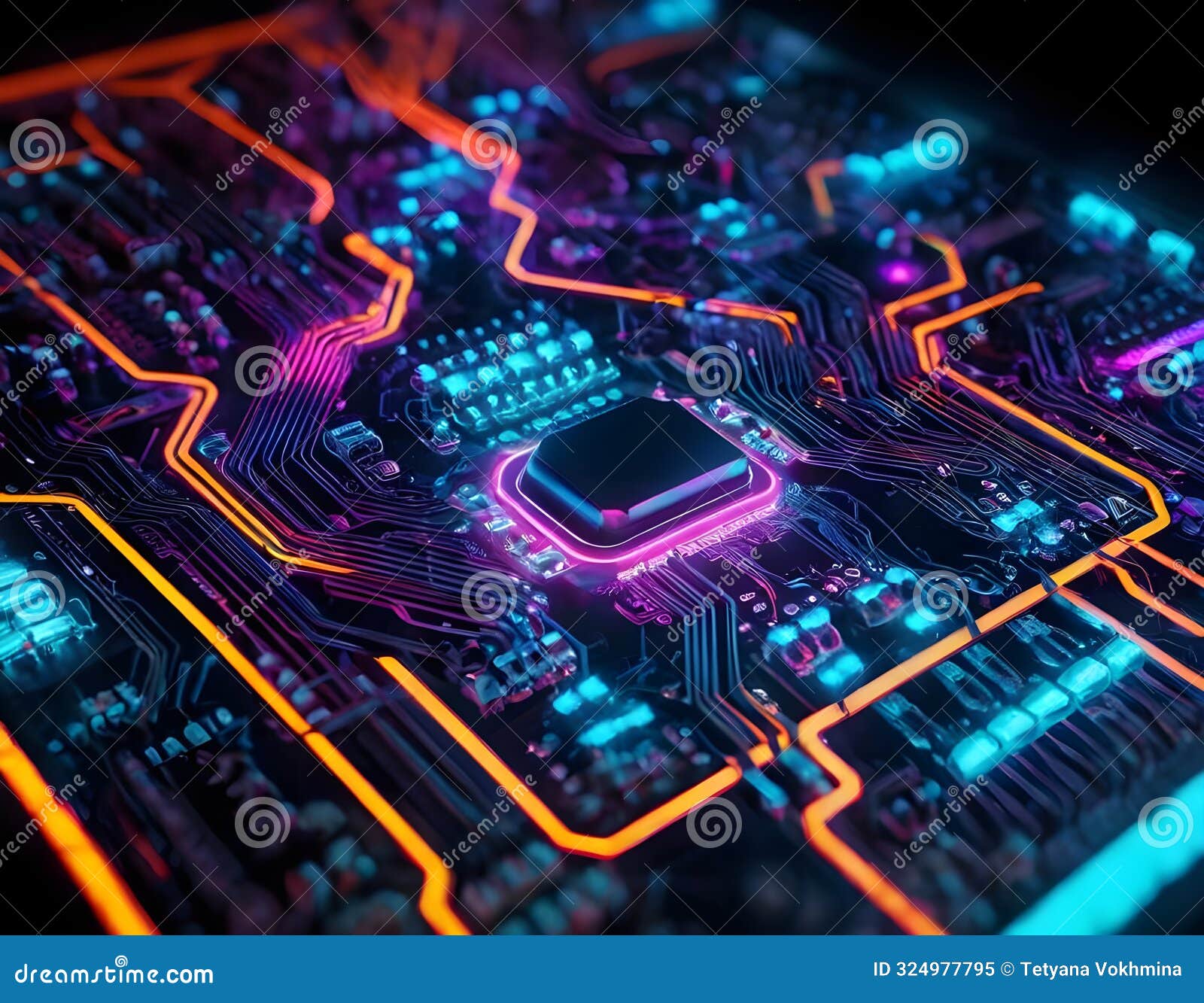 Computer Motherboard with Pink and Blue Neon Lights, Electronic Circuit ...