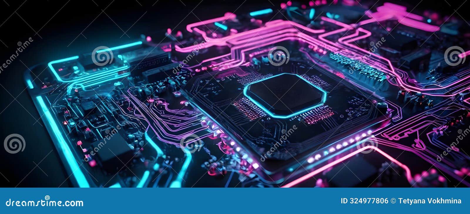 Computer Motherboard with Pink and Blue Neon Lights, Electronic Circuit ...