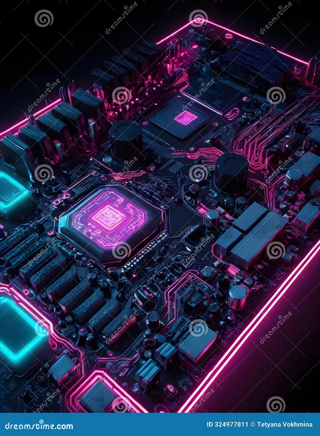 Computer Motherboard with Pink and Blue Neon Lights, Electronic Circuit ...