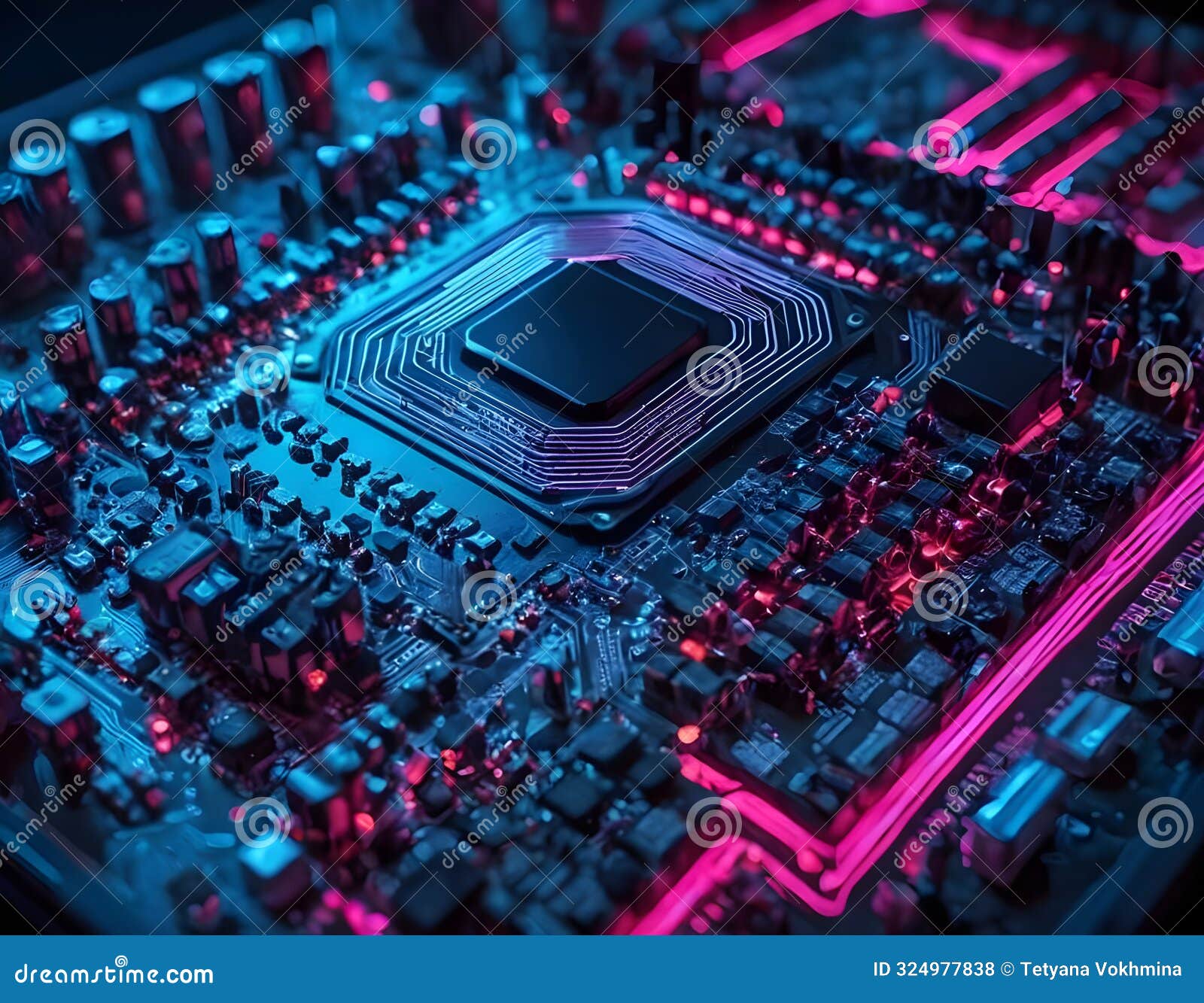 Computer Motherboard with Pink and Blue Neon Lights, Electronic Circuit ...