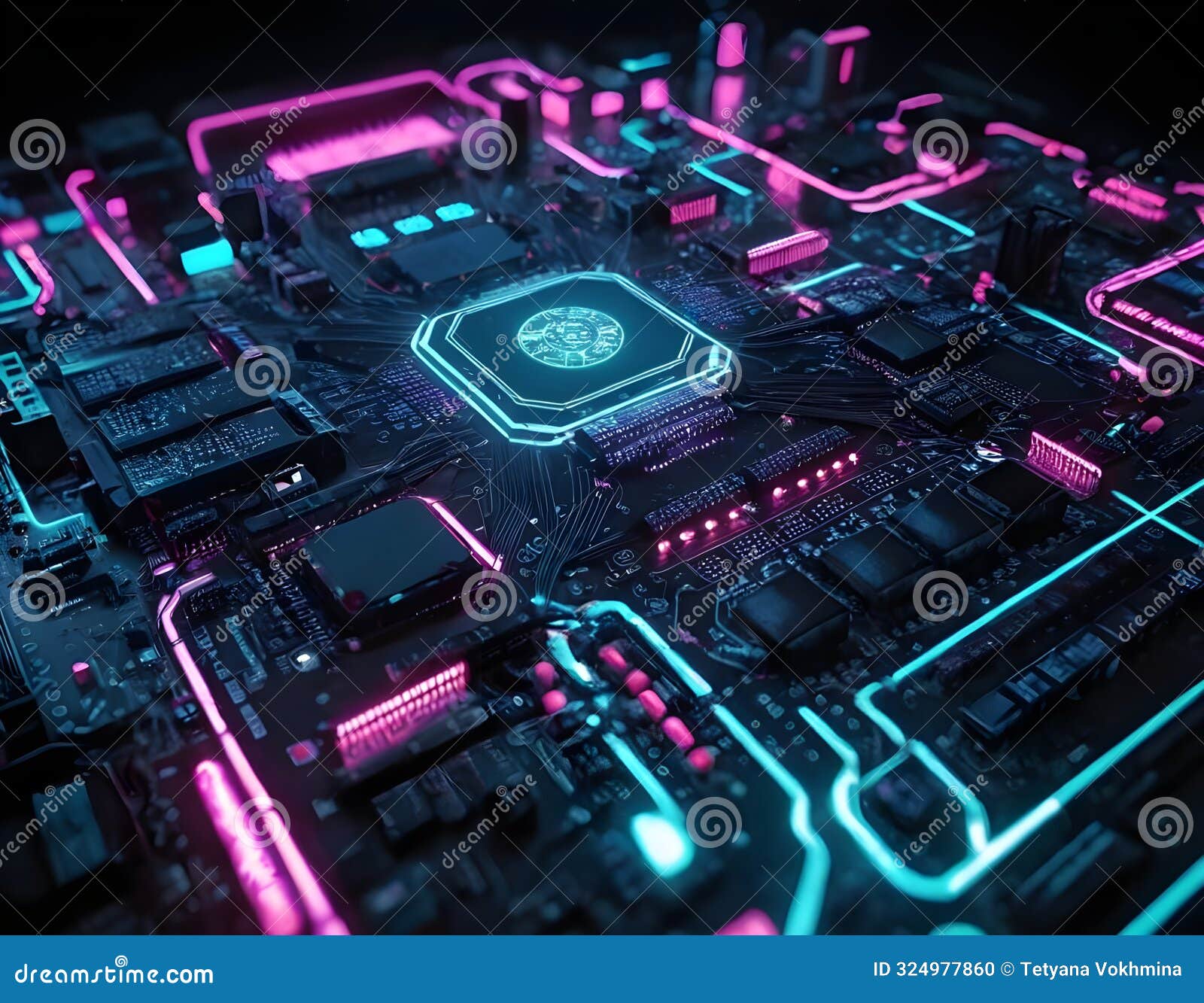 Computer Motherboard with Pink and Blue Neon Lights, Electronic Circuit ...