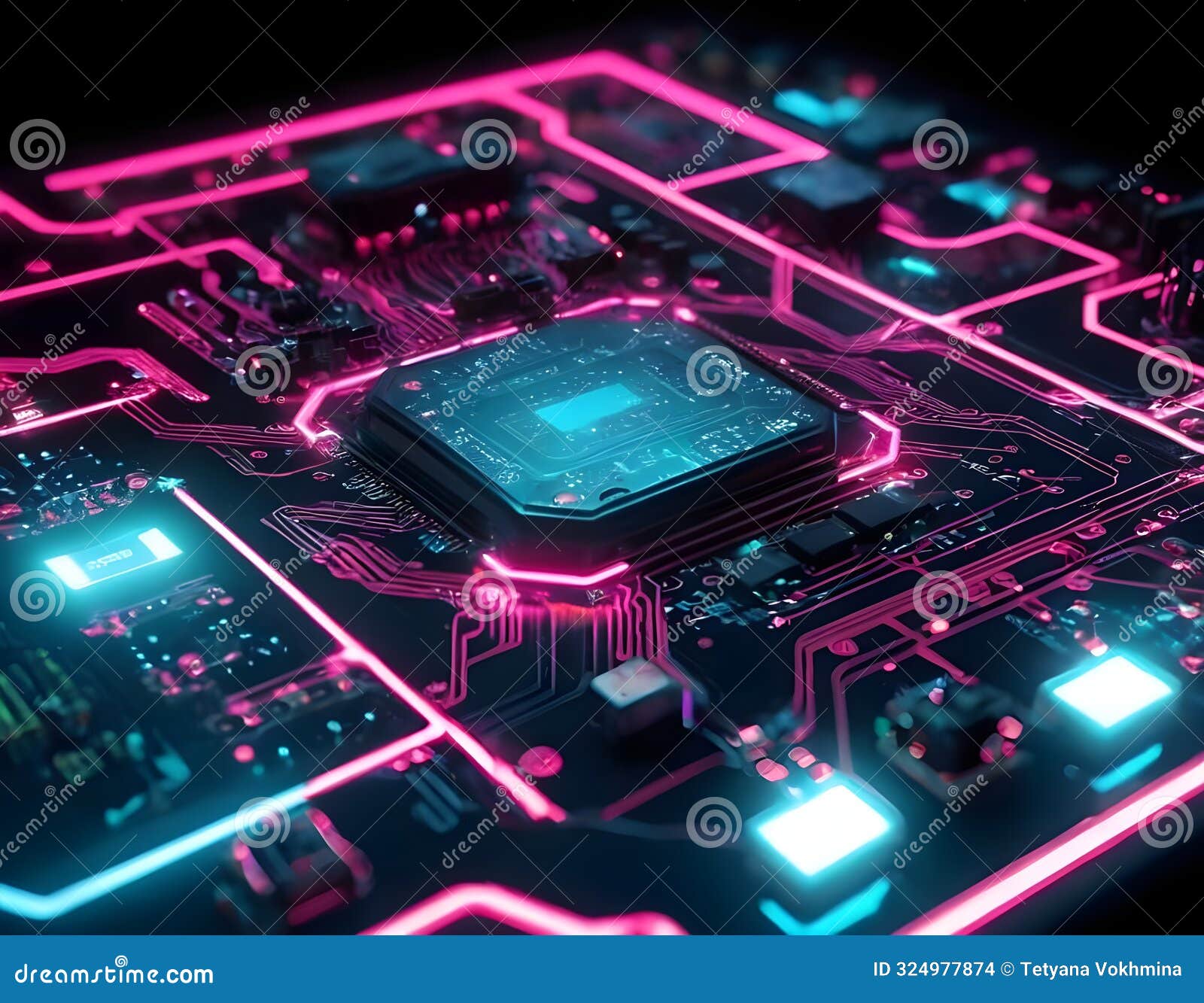 Computer Motherboard with Pink and Blue Neon Lights, Electronic Circuit ...